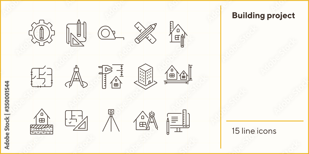 Building project line icon set. Floor plan, layout, compass, ruler ...