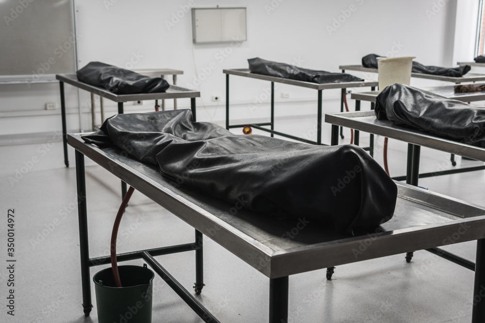 Covered human corpses on tables in a morgue / mortuary waiting for ...