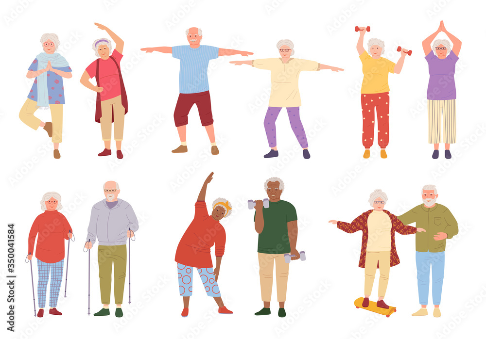 Healthy active lifestyle older people cartoon set. Sport retiree ...