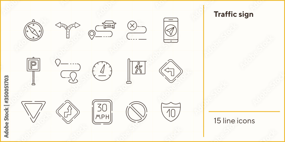 Traffic sign line icons. Route, destination, yield ahead. Road sign ...
