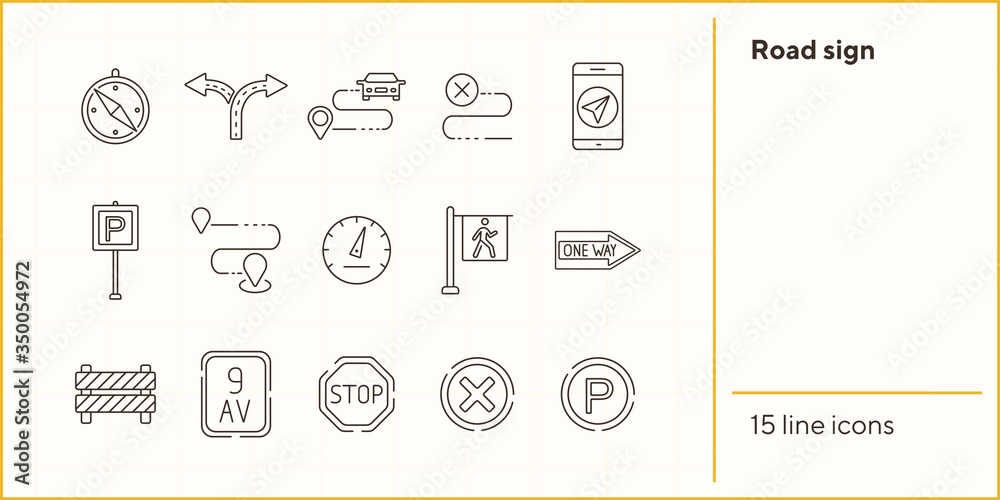 Road sign icons. Compass, split arrow, destination. Road sign concept ...
