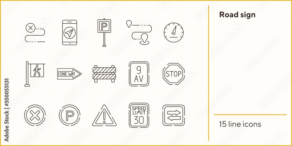 Set of road sign line icons. Attention sign, speed limit, crosswalk ...