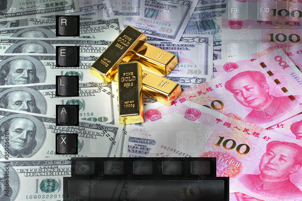 Overlay keyboard R E L A X on Dollar money and Yuan Banknote ,Chinese ...