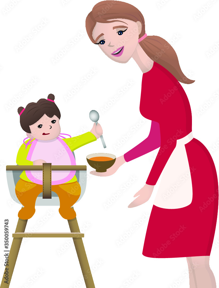 Vector Illustration. Mother feeding a child, giving a bowl of pureed ...
