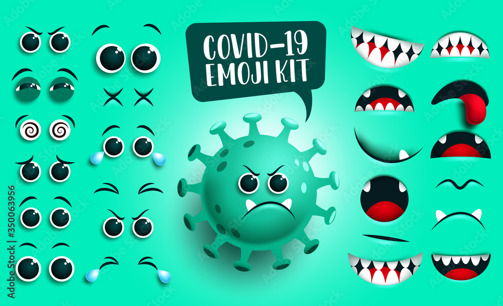 Covid19 emoji kit vector set. Green corona virus covid19 smiley and ...