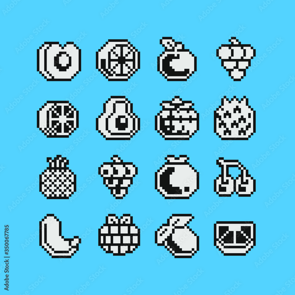 Fruits pixel art icons set, pineapple, apple, grape, pear, raspberry ...