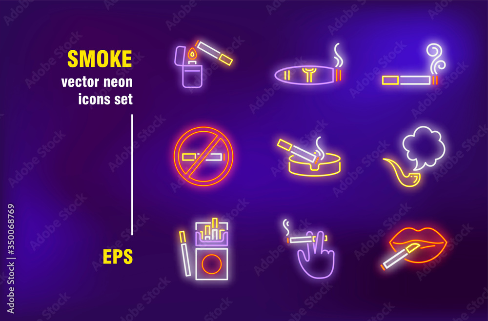 Smoking neon signs collection. Cigarette, tobacco and pipe. Vector ...