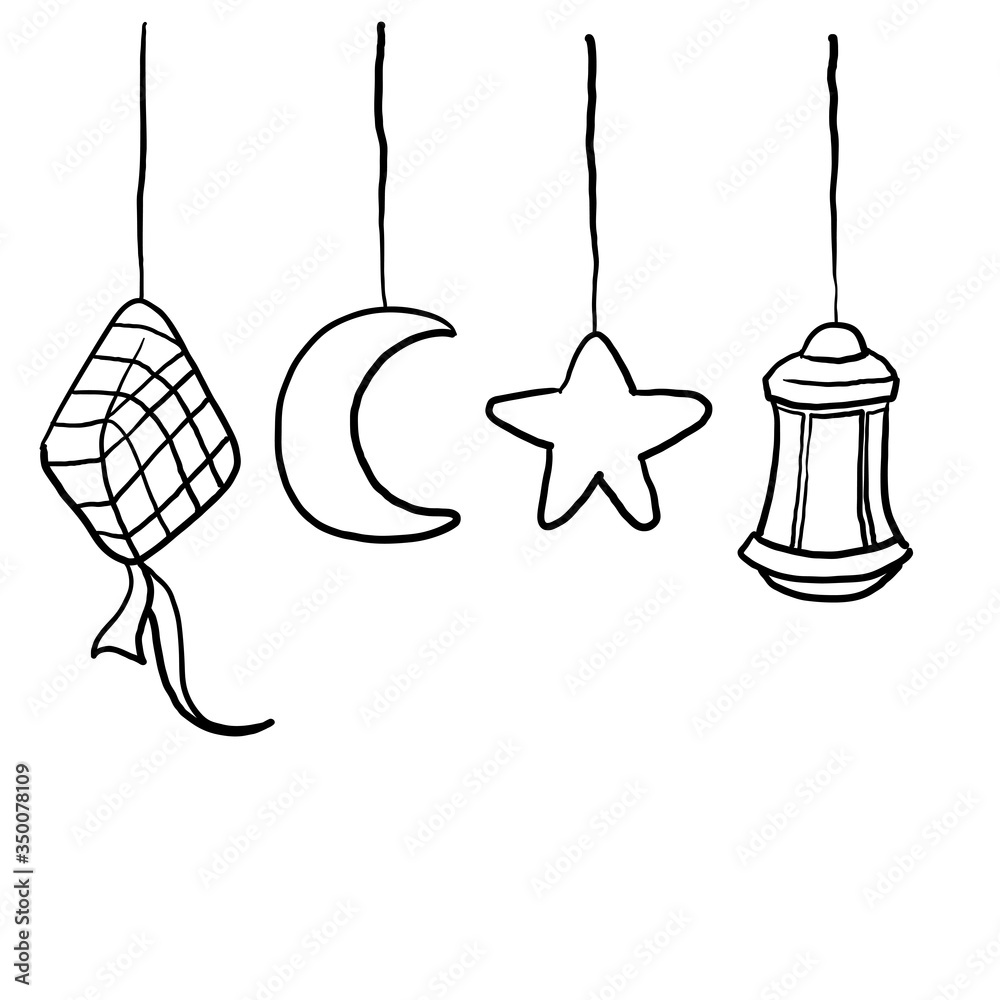 hand drawn doodle eid illustration celebration, islamic symbol ...