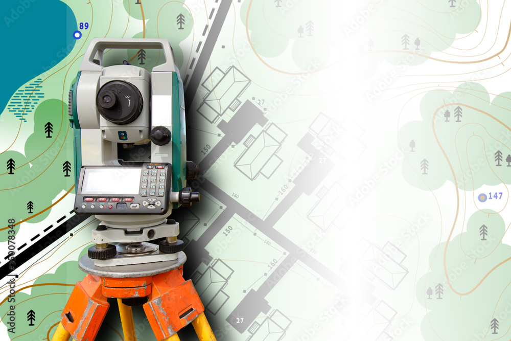 Cartography. Theodolite on the background of a topographic map ...