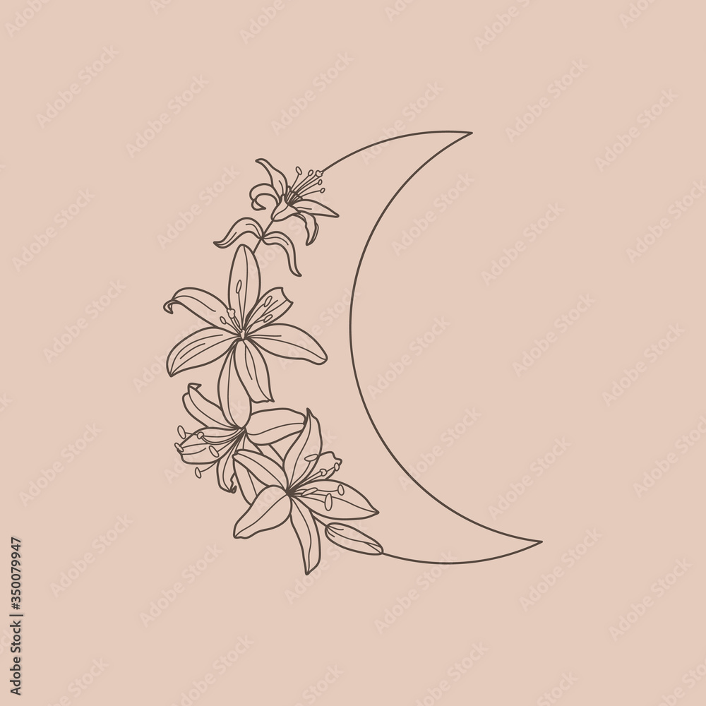 Crescent moon of Lily flowers in a trendy minimal linear style. Vector ...