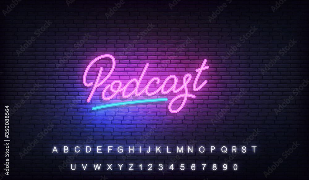Podcast neon sign. Glowing podcast lettering template Stock Vector ...