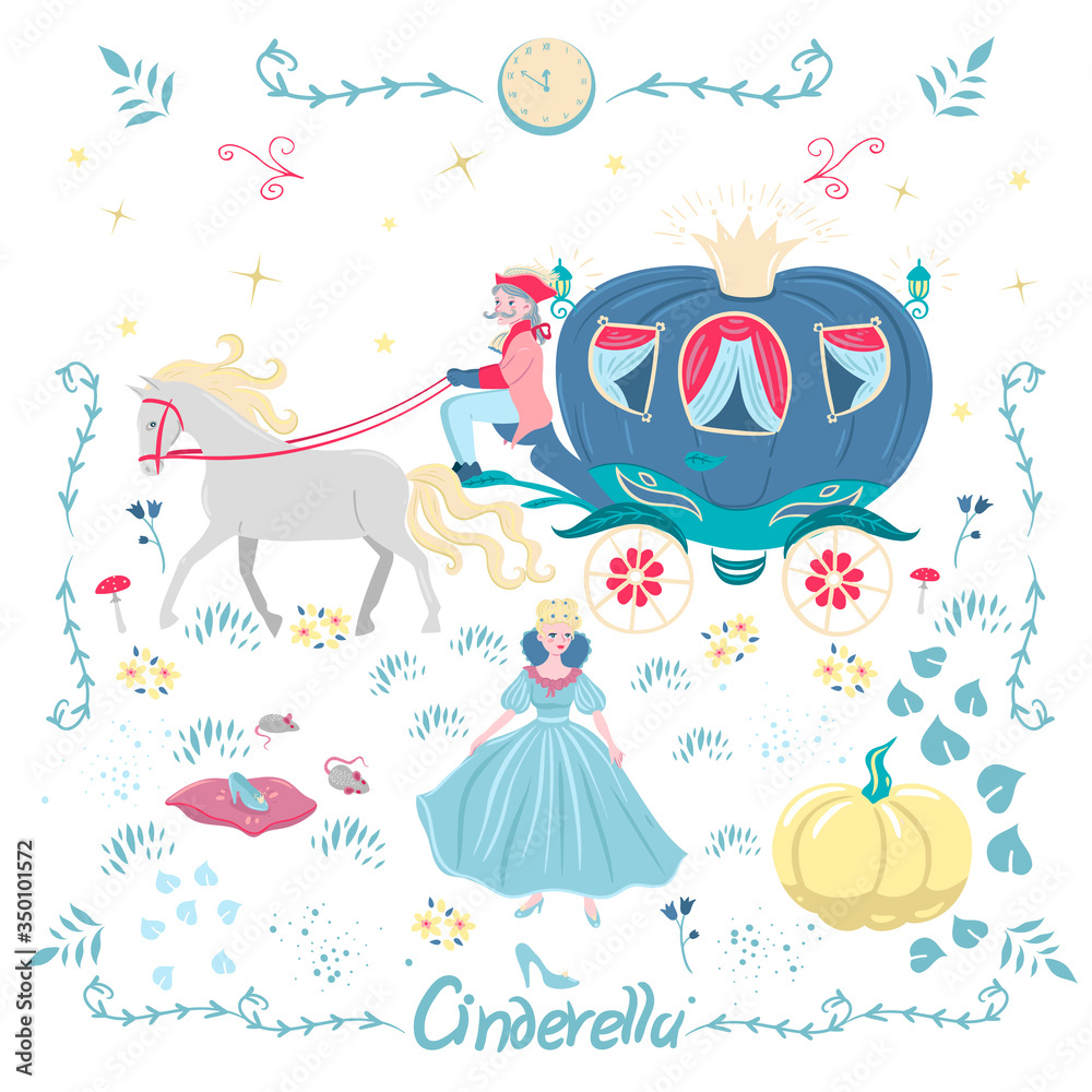 Set of elements of a fairy tale Cinderella isolated on a white ...