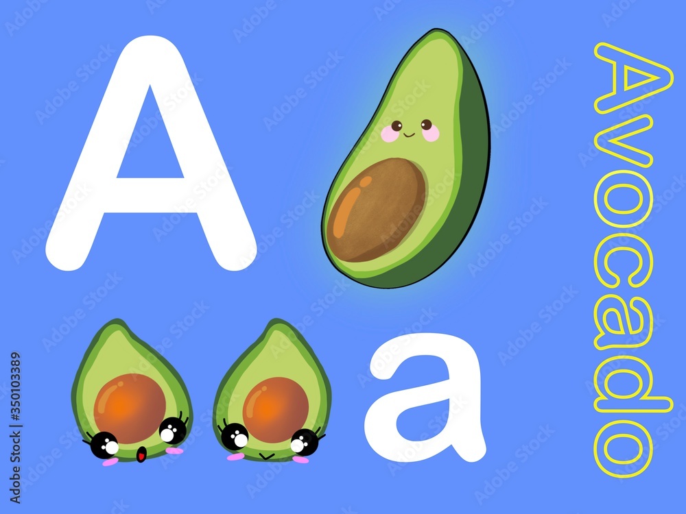 Cute alphabet letter A is for Avocado in fruits and veggies flashcard ...