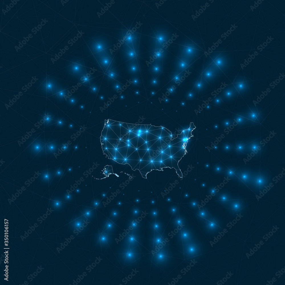 USA digital map. Glowing rays radiating from the country. Network ...