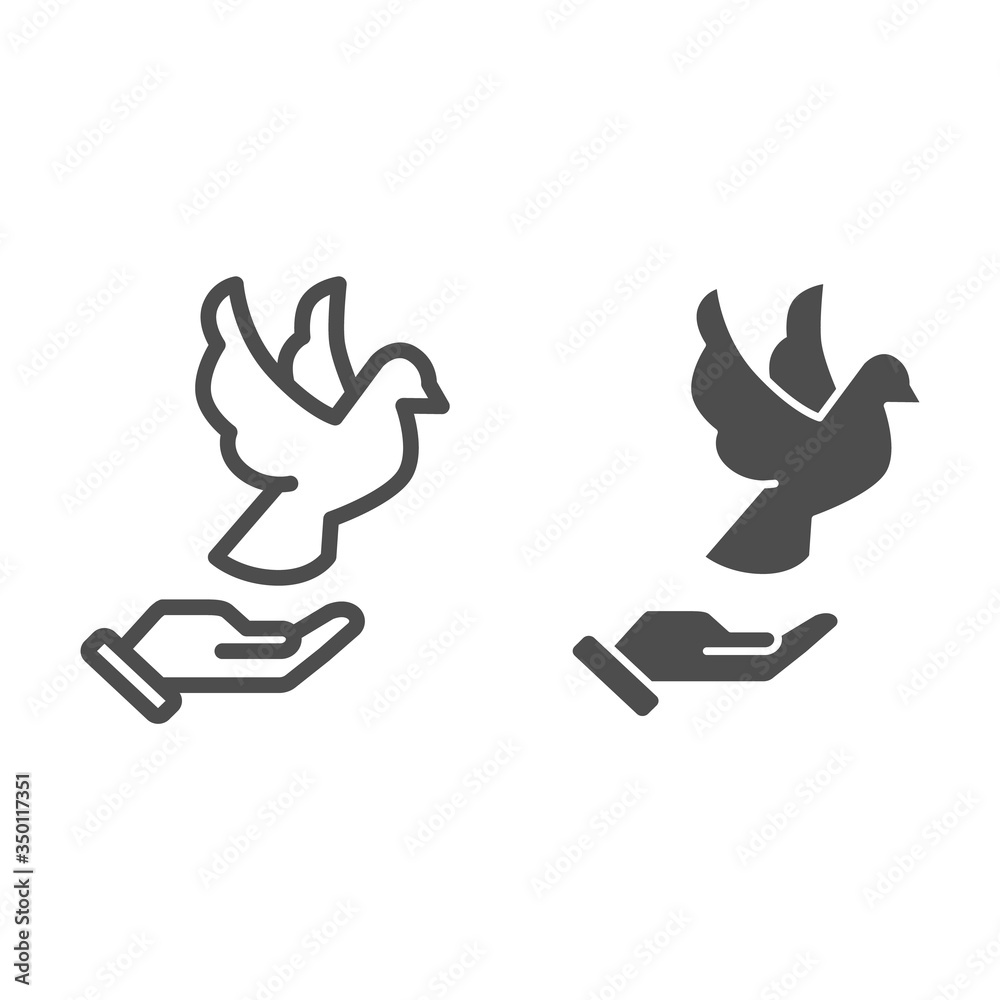 Dove on hand line and solid icon, world peace day concept, flying ...
