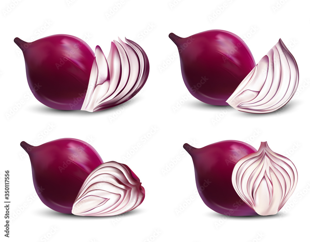 Realistic fresh red onion close up. Sliced, half, piece onion on ...
