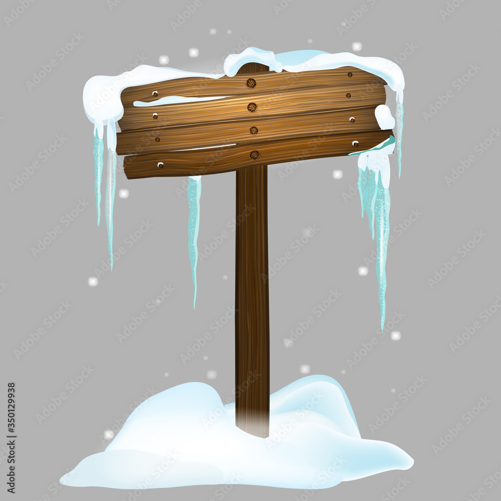 Wooden sign in a snowdrift and icicles. Winter background for messages ...