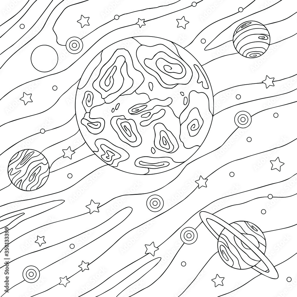 Universe coloring page. Isolated vector illustration with planets and ...