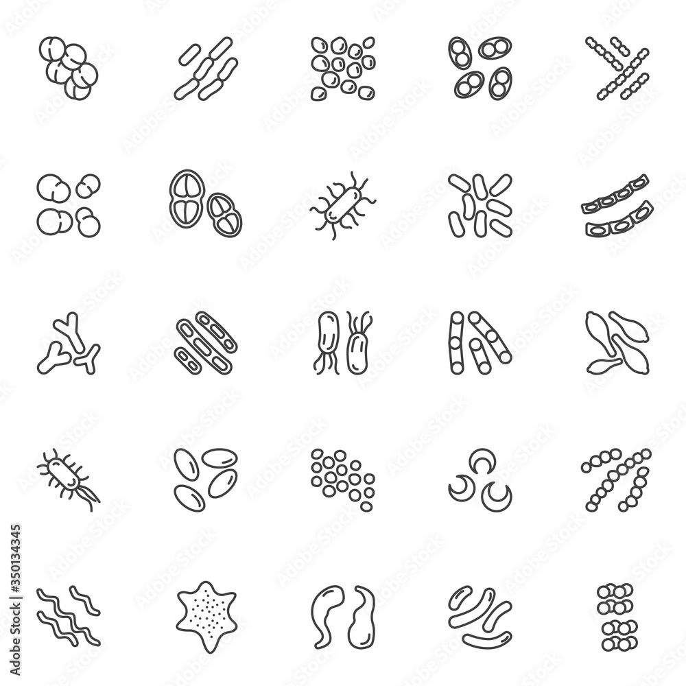 Vetor de Bacteria cell line icons set. linear style symbols collection ...