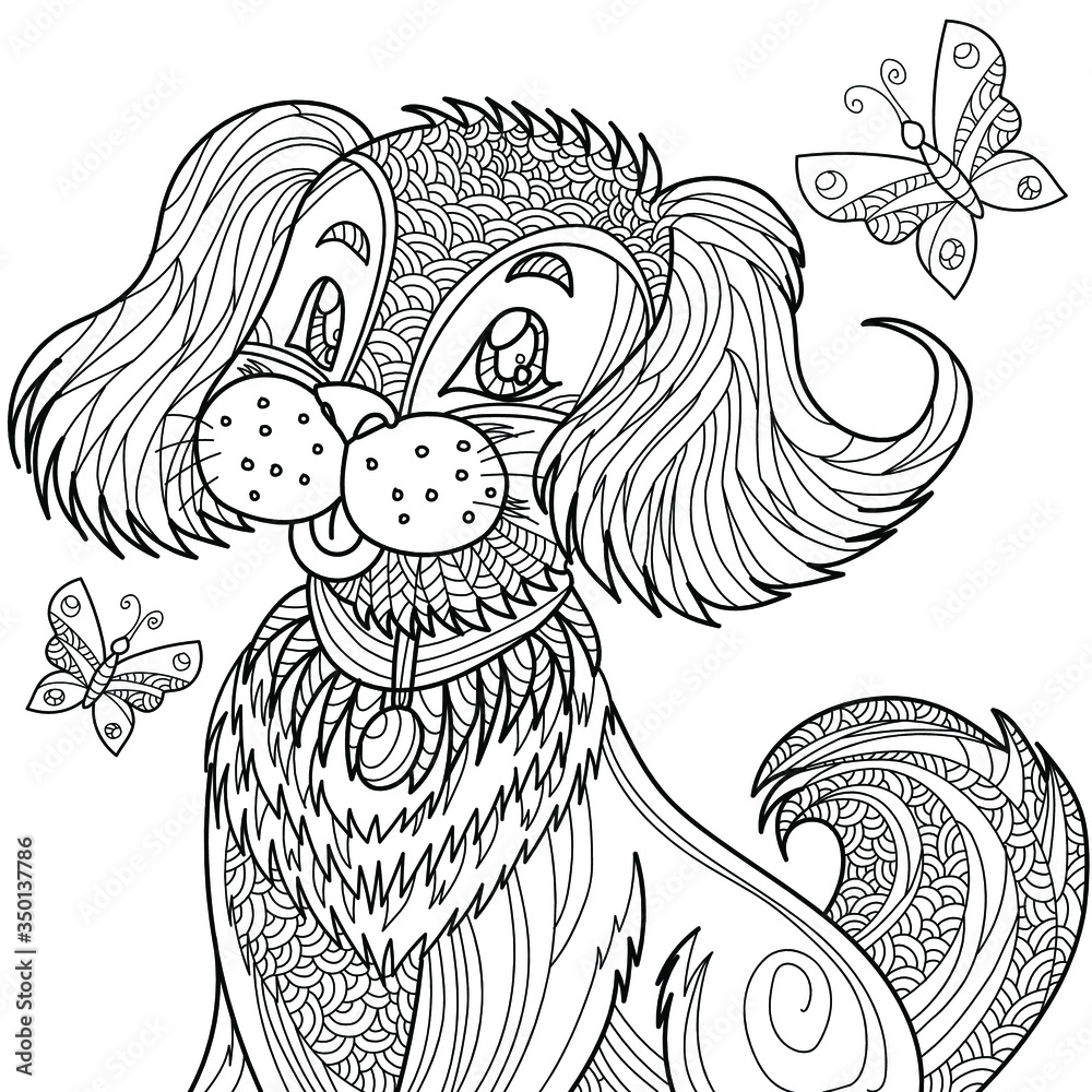 hand drawn vector illustration of a dog with butterflies. Line art for ...