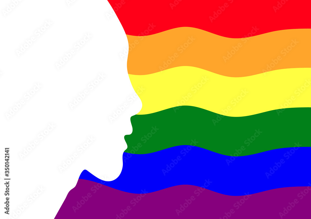 Human face outline in white on horizontal curve rainbow flag sexual ...