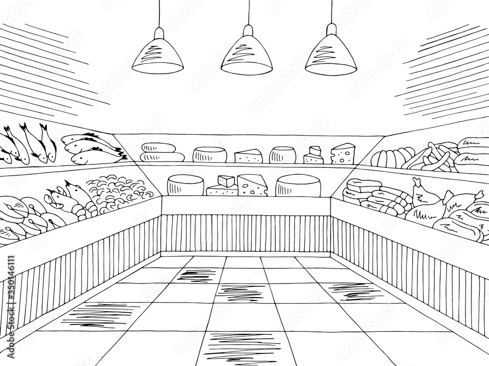 Grocery store shop interior black white graphic sketch illustration ...