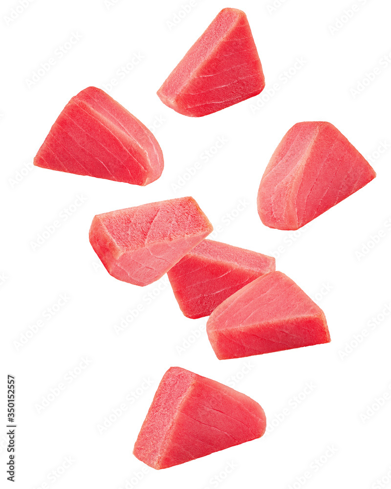 Falling raw tuna steak, fish isolated on white background, clipping ...