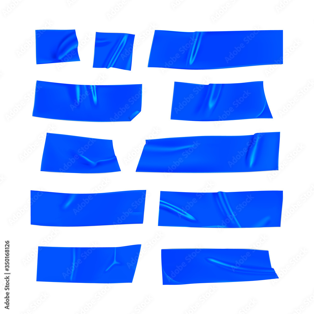 Blue duct tape set. Realistic blue adhesive tape pieces for fixing ...