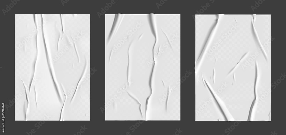 Glued paper set with wet transparent wrinkled effect on gray background ...