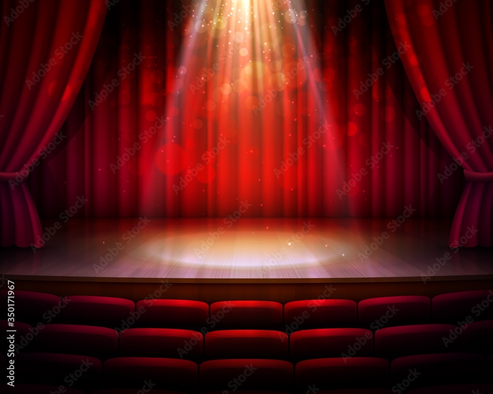 Stage with red curtains, spotlight and seats vector background of ...