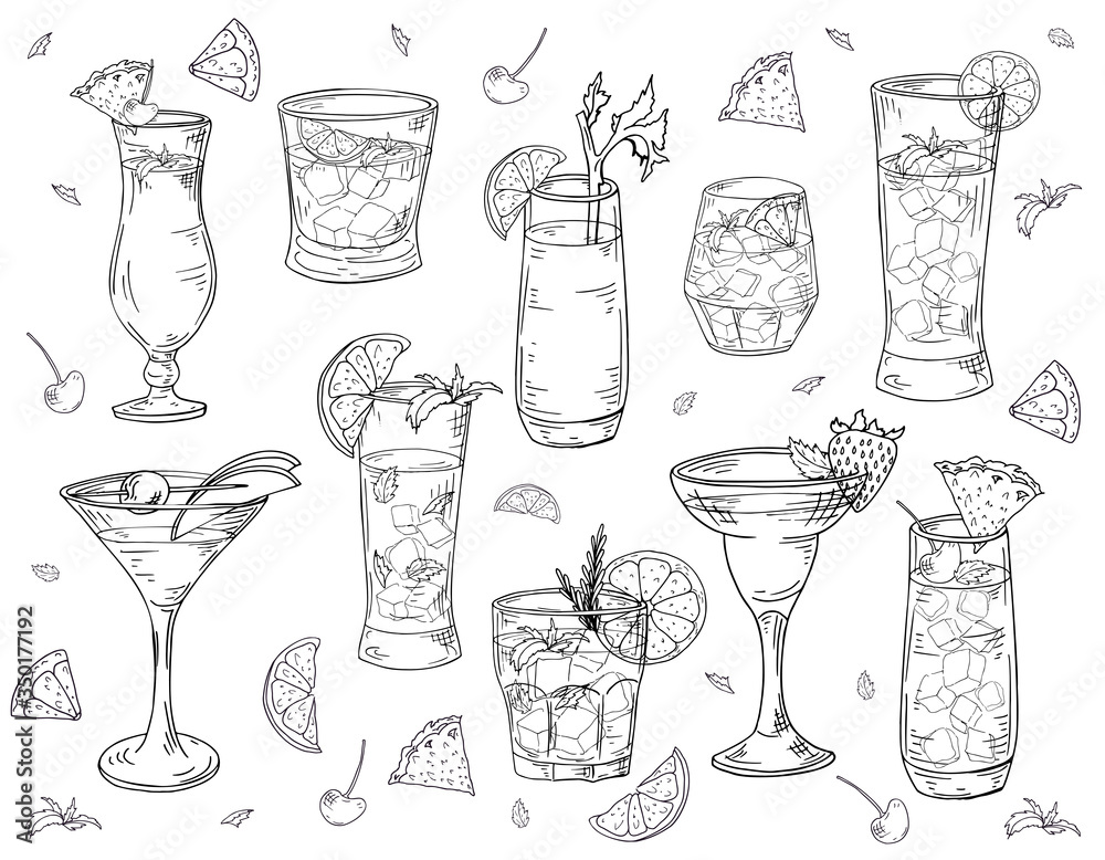 Cocktails Hand Drawn Set In Sketch Style Alcoholic Drinks In Different