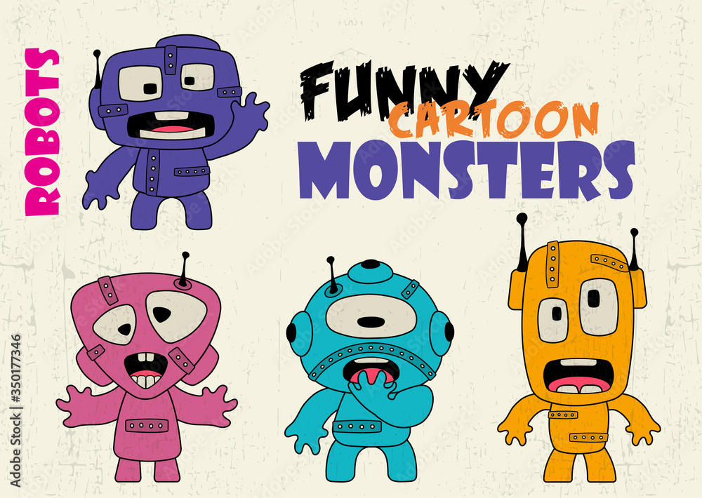 Funny cartoon colorful monsters, robots. Monsters with emotions. Facial ...