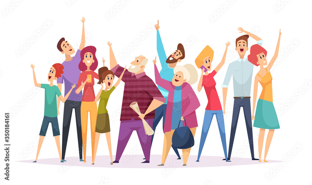 Crowd concert. Vector happy people looking up pointing in sky fans at ...