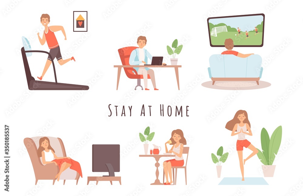 Stay at home. House relaxing, man woman weekend. People watch tv ...