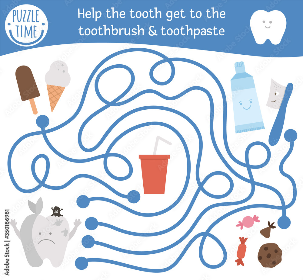 Dental care maze for children. Preschool medical activity. Funny puzzle ...