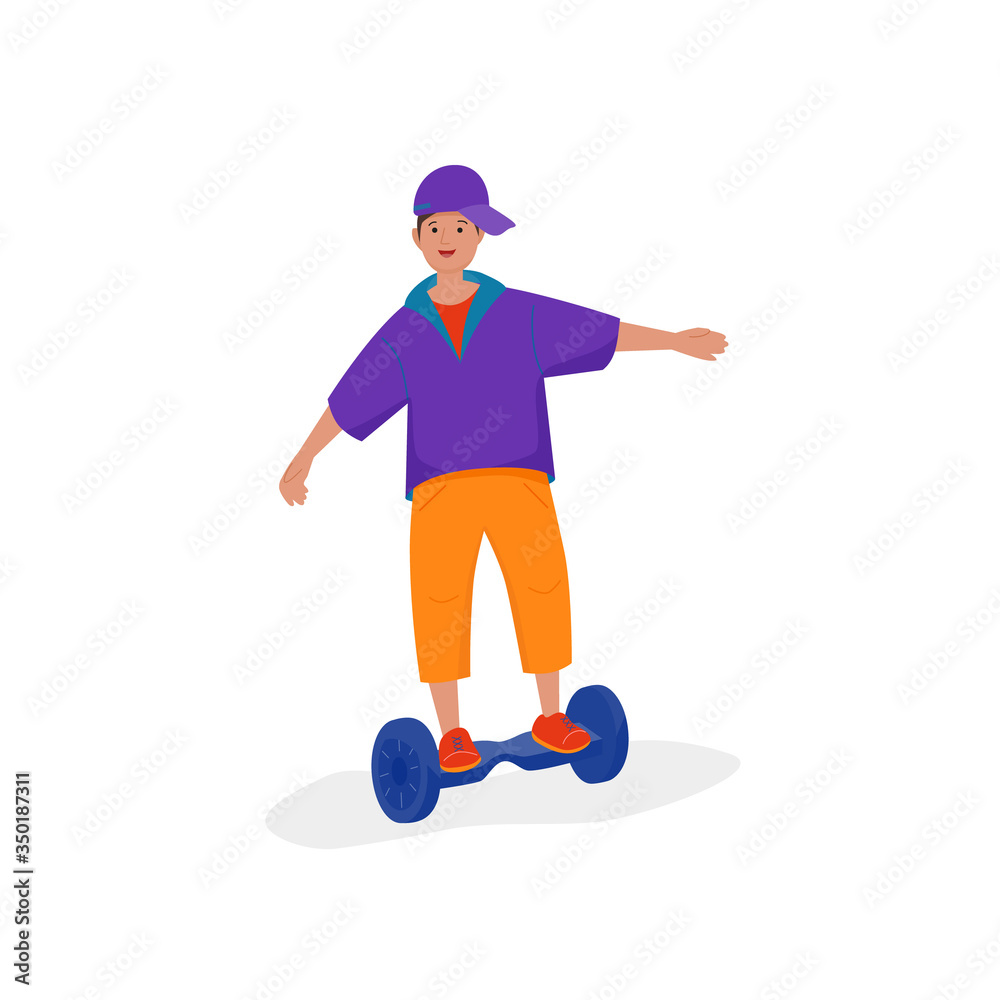 Boy is riding a hoverboard. Flat cartoon vector isolated illustration ...