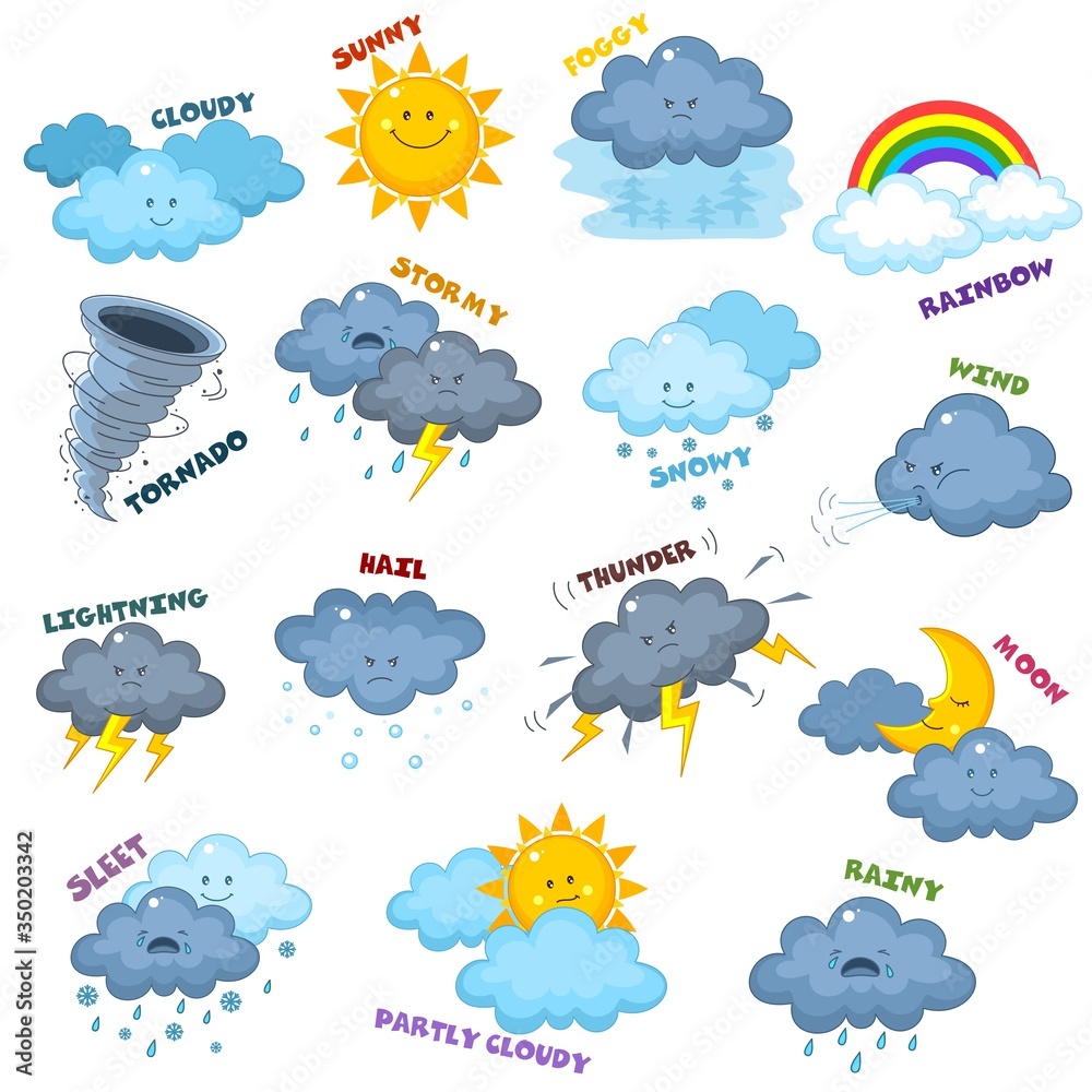 Set of icons for children with different weather. Image of the sun ...