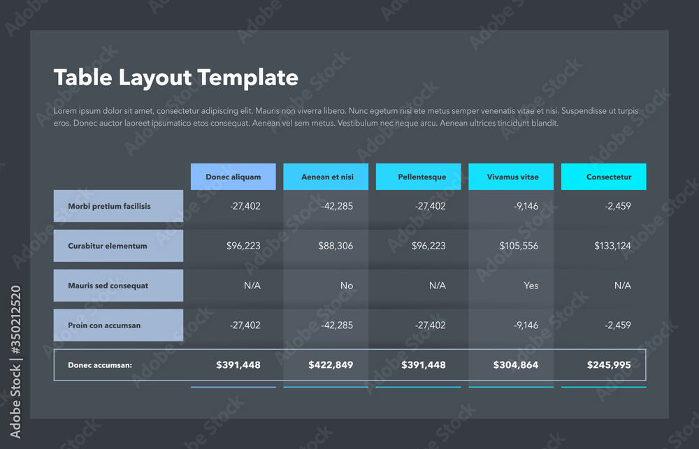 Modern business table layout template with the total sum row and place ...