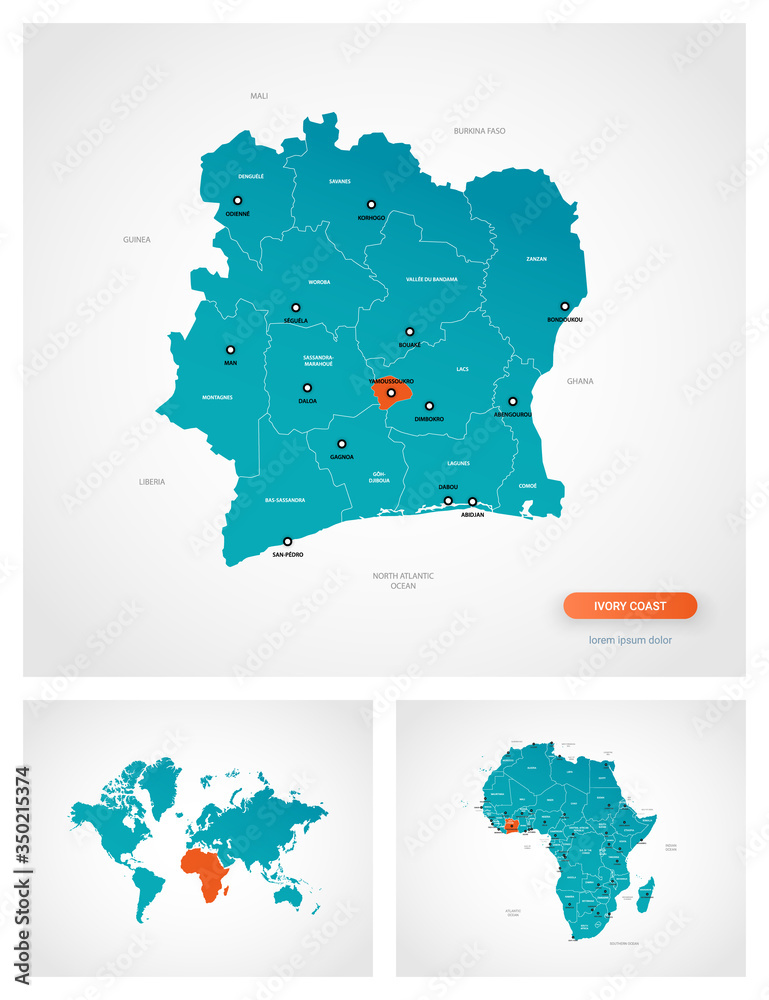 Editable template of map of Ivory Coast with marks. Ivory Coast on ...