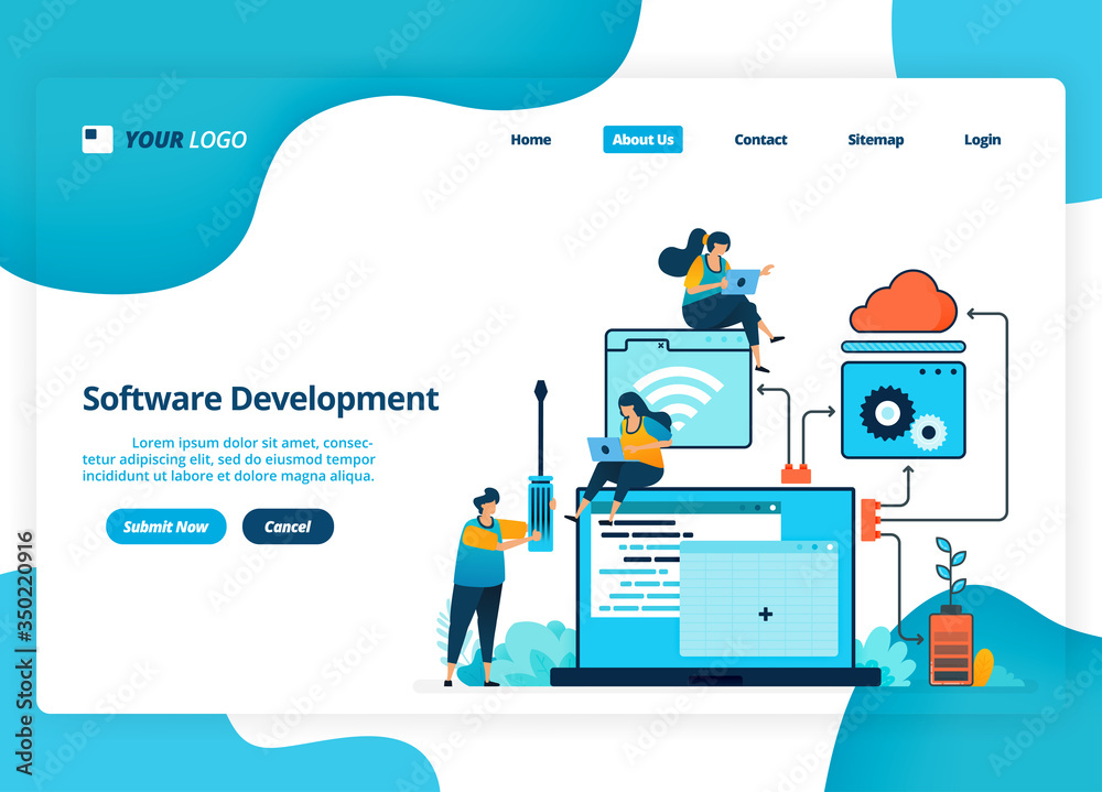 Vector landing page design of software development. Flowchart in ...