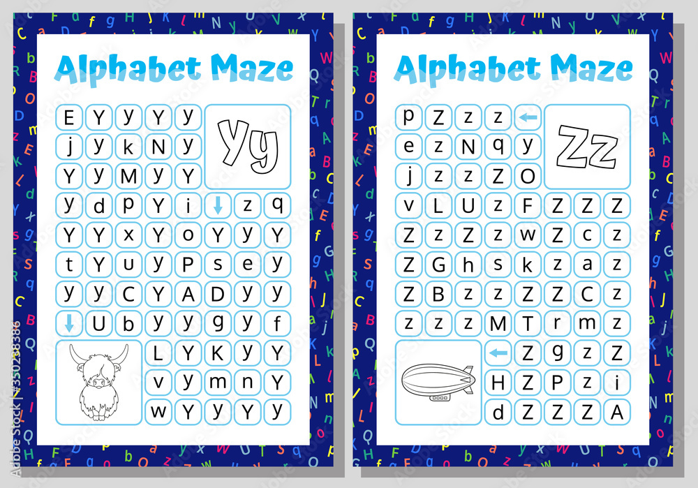 Alphabet Maze Set. Letters Y, Z. Educational Puzzle Worksheet. Vector ...
