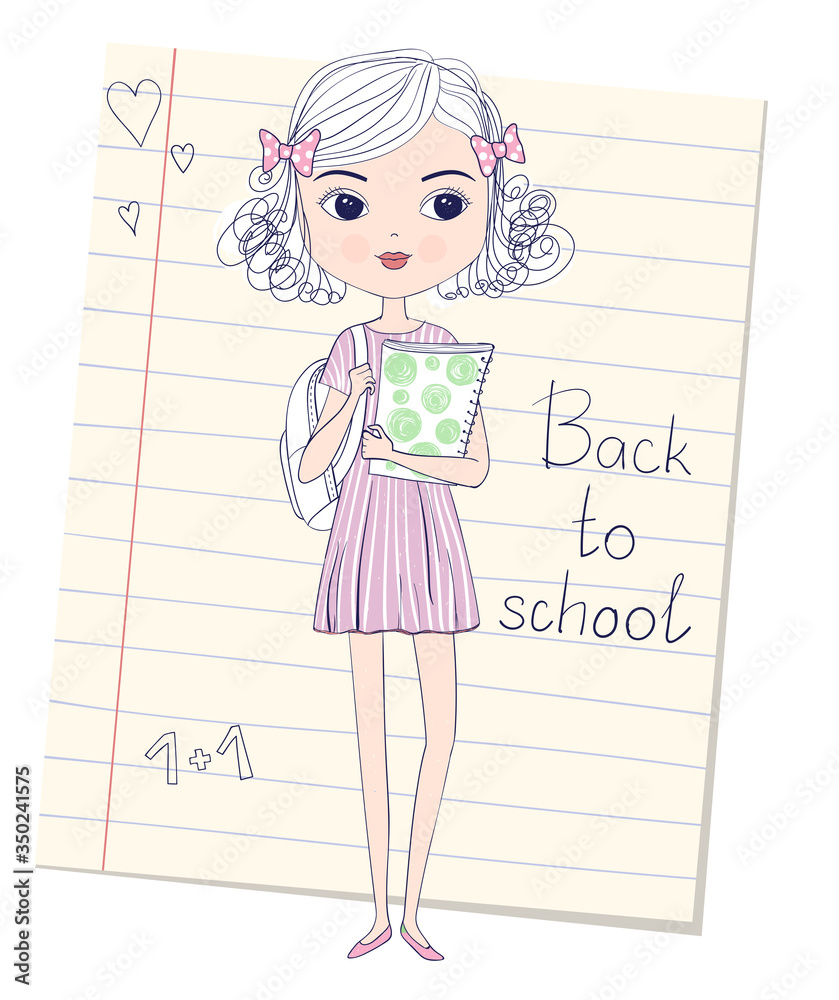 Sketch of cute curly schoolgirl in dress with backpack and folder in ...