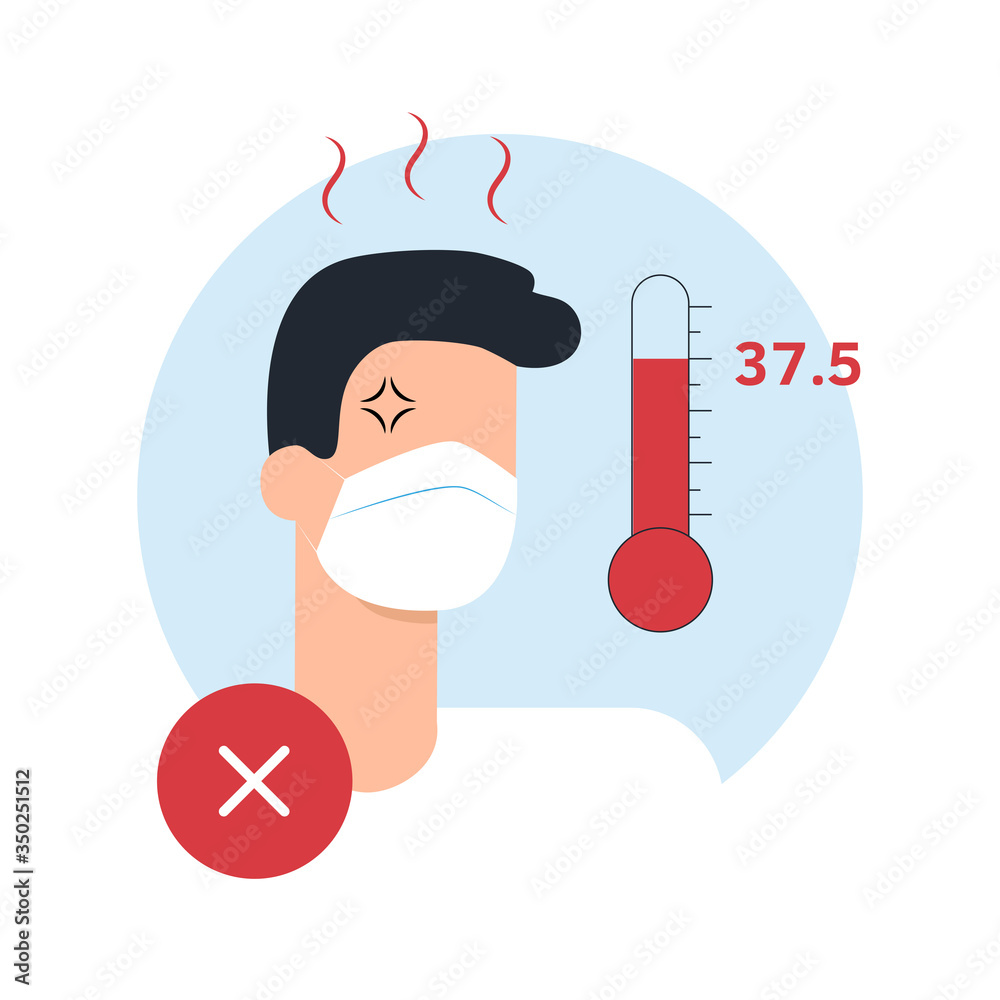 Sick man with fever. Temperature thermometer sign. Flu illness symbol ...