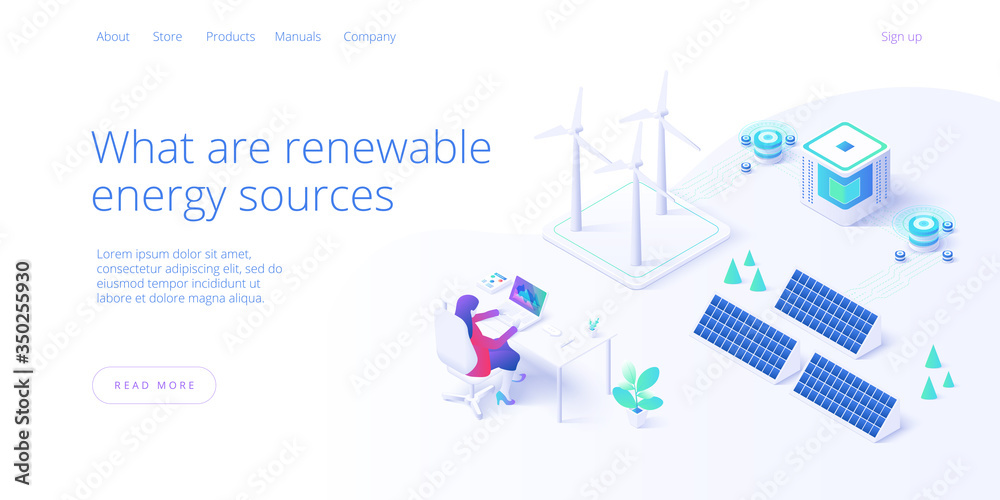 Renewable energy sources concept in isometric vector illustration ...