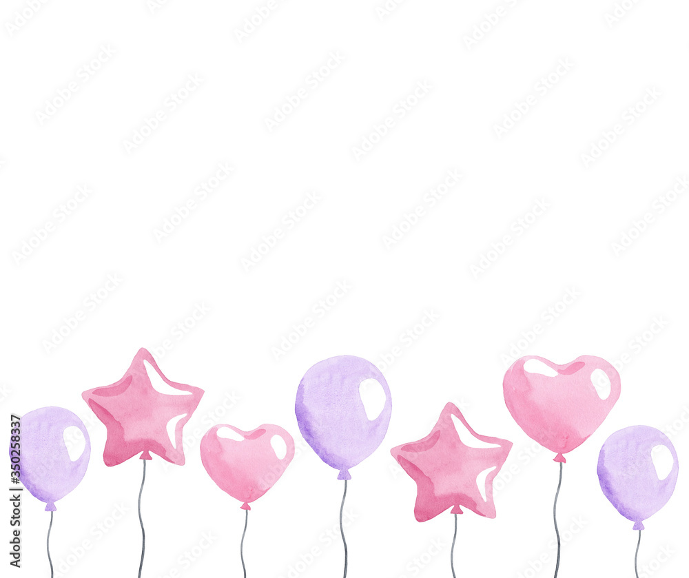 watercolor pink balloons border isolated on white background for baby ...