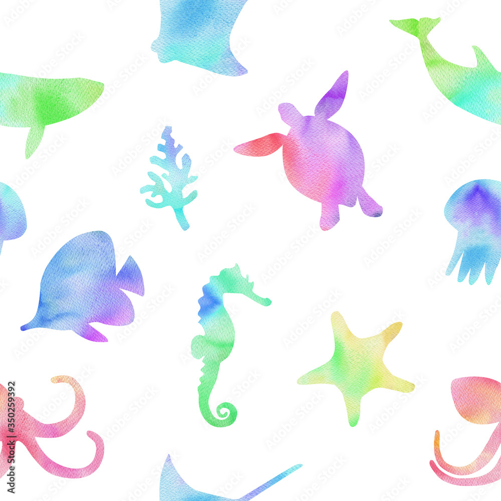 watercolor underwater color fishes and animals shapes seamless pattern ...