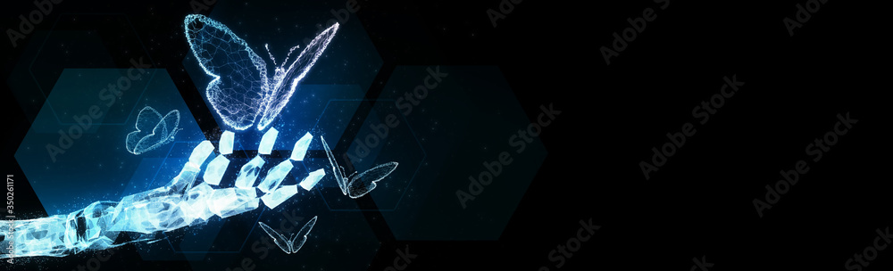 Abstract blur robot ai hand hold 3D virus butterfly illustration ...