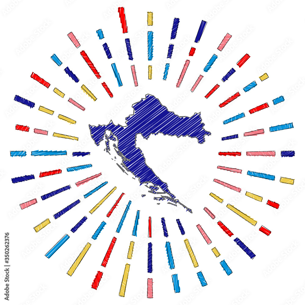 Sketch map of Croatia. Sunburst around the country in flag colors. Hand ...
