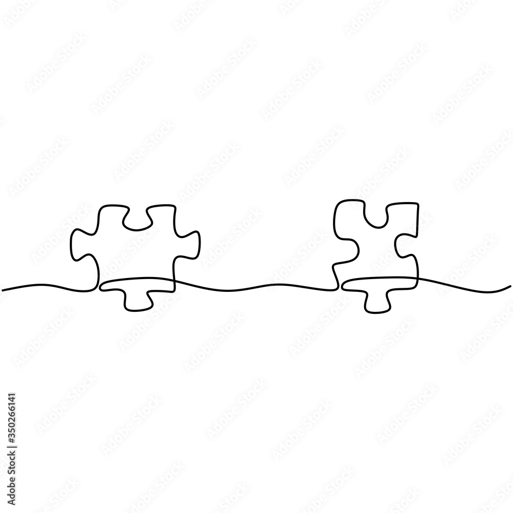 Continuous one line drawing of two pieces of jigsaw on white background ...