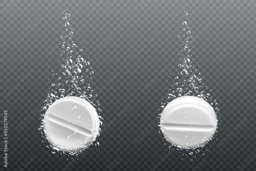 Effervescent soluble tablet with bubbles in water isolated on ...